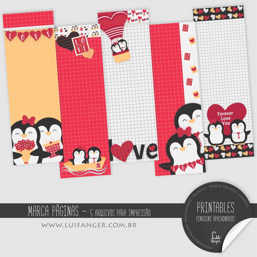 [Printable] Marca Páginas - Pinguins Apaixonados - Lu Ifanger Designer